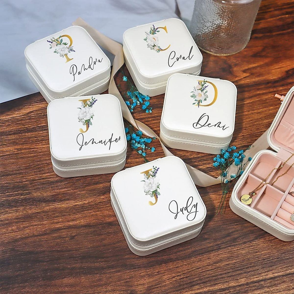 SpecialOnly Personalized Name Jewelry Boxes for Girls & Women, Custom Travel Jewelry Case with Lid, Portable Small Jewelry Organizer Box Bridesmaid Proposal Gifts (Blue, Monogram with Birth Flower)