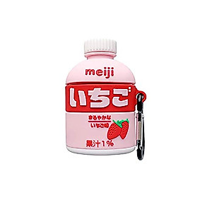 Cute AirPod Case Cover for Apple AirPods 1 2 AirPods1 AirPods with Clip Hook Keychain Pink Strawberry Flavor Juice Milk Drink Bottle 3D Cartoon Meiji Kawaii Lovely Fun Fresh Girls Kids Teens Daughter