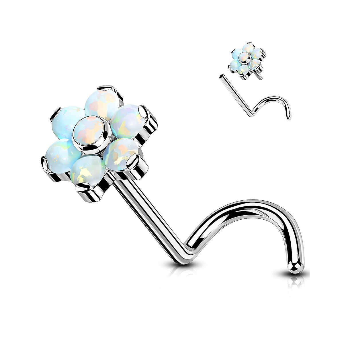 OUFER 20G Nose Studs, Flower Designed White Opal Paved Push-in Nose Rings, G23 Solid Titanium Nose Screw Studs, Nostril Piercing Jewelry for Women and Men