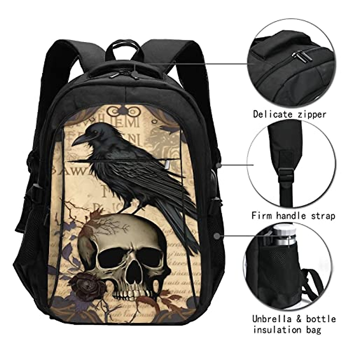 FYCFSLMY Edgar Allan Poe The Raven Skull Laptop Backpack, Travel Backpack With Usb Charging Port, Computer Bag For Men Women