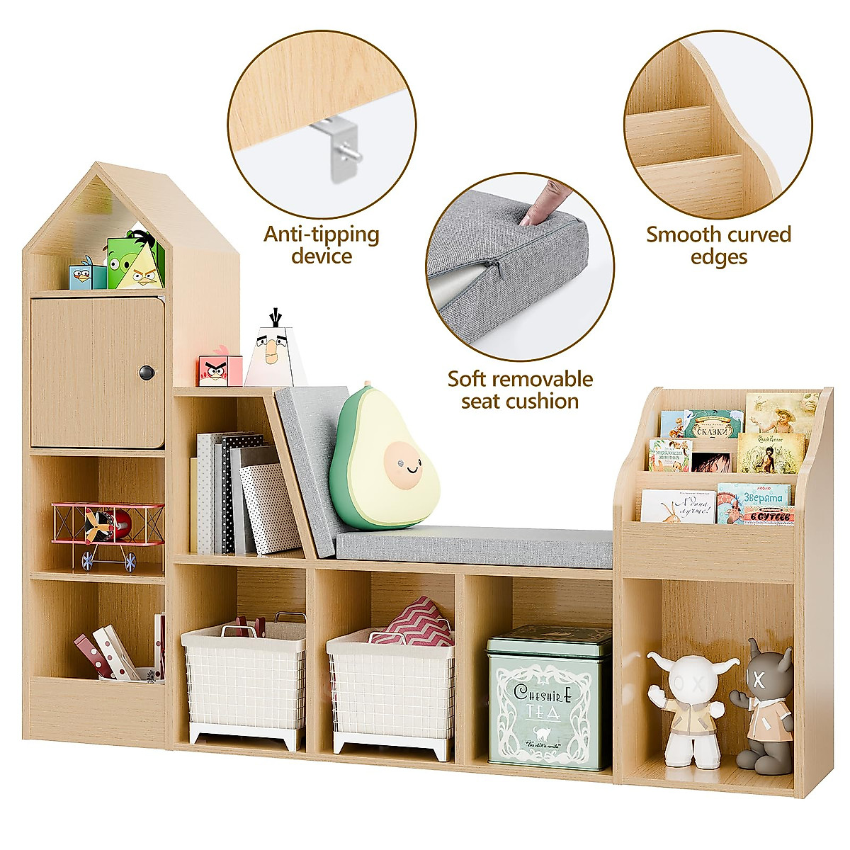 Vabches Kids Reading Nook with Bench - Bookshelf & Bookcase with Seat Cushion, 7 Open Storage Cubbies, 3-Tier File Organizers, Toy Storage Box & Chest for School, Playroom, Bedroom.