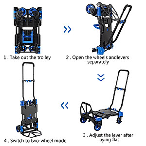 Hitgrand Folding Hand Truck, Heavy Duty Hand Truck Dolly Cart, Convertible Dolly Cart 330lbs Capacity W/Foldable Basket, 2 in 1 Luggage Trolley Cart for Warehouse Home Outdoor Moving