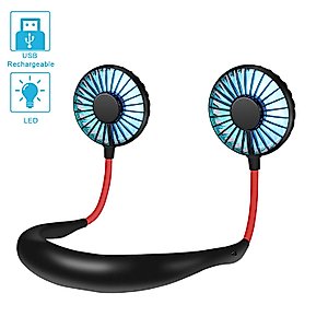 Hand Free USB Personal Fan Rechargeable Mini LED Neck Fan Headphone Design Sports Fan Heads Rotatable Neckband Fan, 2000mAh, 3 speeds, Quiet, Portable for Office Reading Travel Camping (Black)