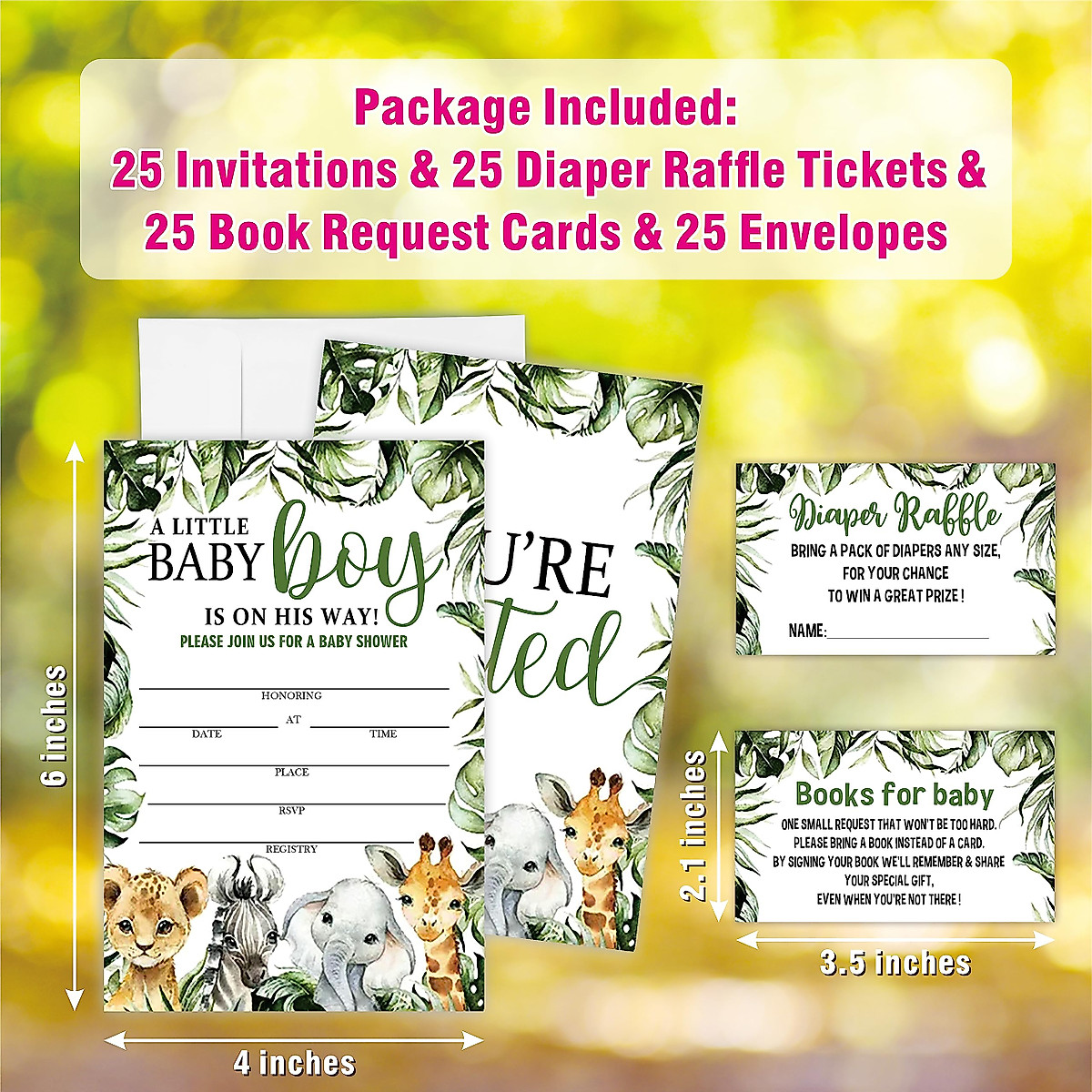 Baby Boy Baby Shower Invitation Set - Greenery Animals Theme - 25 Invites & Envelopes，25 Dipaer Raffle Tickets & 25 Book Request Cards - Gender Reveal Party Supplies -TZ-A06