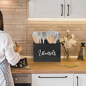 LADESIGGN Kitchen Utensil Holder with 2 Compartments, Farmhouse Kitchen Decor Utensil Holder, Rustic Silverware Utensil Caddy,Kitchen Countertop Organizer and Storage for Silverware Fork Spoon