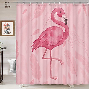 Pink Shower Curtain, Cute Flamingo Shower Curtains, Modern Art Boho Bath Curtains, Pink Bathroom Accessories Set 71x71 Inches