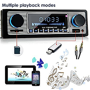 RuiFuDio Classic Bluetooth Car Stereo,Single Din Bluetooth Audio and Hands-Free Calling,Built in Microphone,FM Radio Receiver with USB,AUX in,SD Card Port,Wireless Remote Control,Clock Display,60W× 4