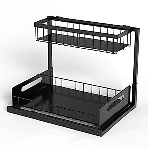 Under Sink Organizer and Storage for Kitchen Bathroom Cabinet - 2 Tier Slide Out Sink Shelf Cabinet Drawer - Store Large Items - No Drilling Rustproof Carbon Steel Shelf - Black - 1 Pack