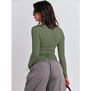 ANRABESS Women’s Long Sleeve Shirts Tight Fitted Going Out Crop Tops Crewneck Basic Tee Y2k Outfits Teens Girls Clothes Army Green S