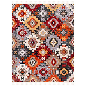 SAFAVIEH Farmhouse Collection 8' x 10' Grey / Red FMH805F Moroccan Boho Tassel Area Rug