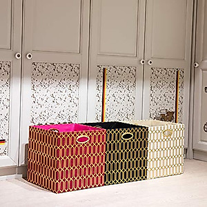 Posprica Storage Bins, Storage Cubes,13×13 Fabric Drawers Organizer Basket Boxes Containers (13×13×13/4pcs, Cream/gold geometry Pattern)