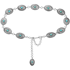 Tarpop Turquoise Belt for Women Western Concho Chain Belt Oval Round Flower Adjustable Metal Belt for Women Dresses(Turquoise,Oval Style)