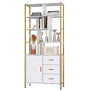 finetones Gold Bookshelf with 3 Drawers, 71.2” Tall Bookshelf White and Gold Bookshelf with Sturdy Metal Frame, Gold Shelf Etagere Standard Book Shelf Display Shelf for Home Office