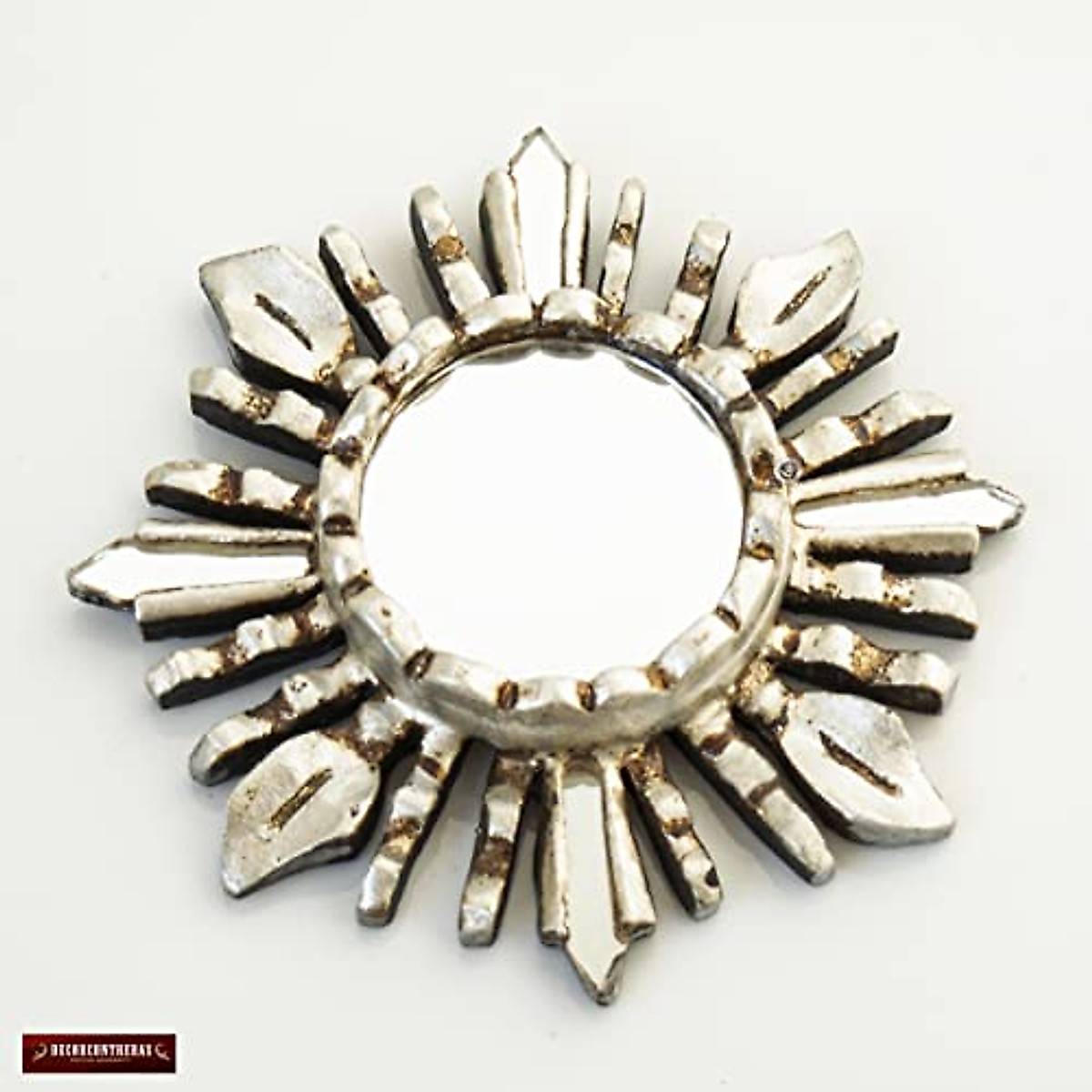 Decorative Small Round Wall Mirror 6in- Peruvian Accent Wood Gold Leaf sunburst Mirror for Wall room decor (Silver)