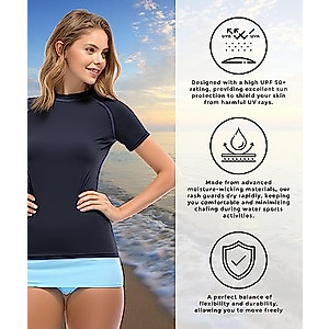 Rash Guard Fishing Shirt for Women UV Protection Short Sleeve Womens Alice UPF 50 Navy Blue Swimsuit Top (XL)