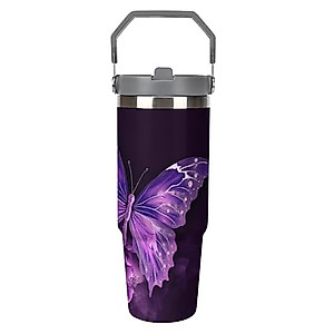 Beautiful Purple Butterfly Floral 30 Oz Tumbler with Handle And Flip Straw, Stainless Steel Vacuum Insulated Travel Mug, Thermal Cup for Coffee, Water, Iced Drinks, Fits Car Cup Holders (Home, Sports)