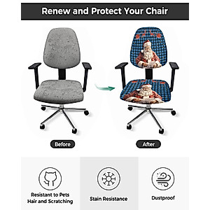 Christmas Santa Office Chair Cover Stretchable Computer Chair Seat Cover Backrest Slipcovers, Stretchable Rotating Desk Chair Seat Cushion Split Protectors Elk Buffalo Plaid Check Blue Snowflake