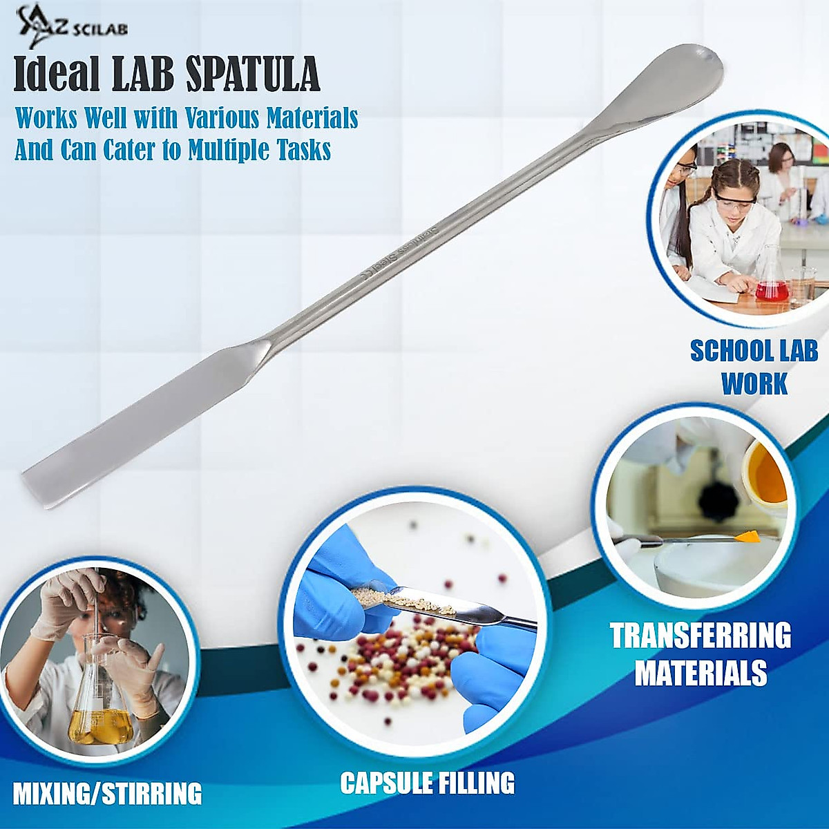 A2Z-DE002 Stainless Steel Double Ended Micro Lab Spatula Sampler, Square & Flat Spoon End, 9" Length