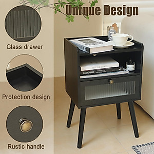 AWASEN Black Nightstand with Charging Station, Modern Bedside Table with Glass Decorative Drawer, Small End Table Side Table with 2 Tiers Storage Space, for Bedroom, Office and Small Space (Black)