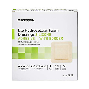 McKesson Lite Hydrocellular Foam Dressings, Sterile, Silicone Adhesive with Border, 4 in x 4 in, 10 Count, 1 Pack