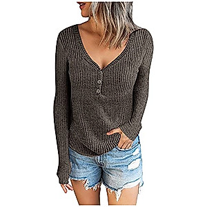Women's Casual Solid Color Ribbed Top Long Sleeve V-Neck Pullover Knit Shirt Comfy Buttons Slim Workout Plain Blouses Khaki