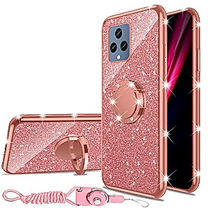 nancheng for T-Mobile Revvl 6 5G Case (Not Revvl 6 Pro 5G), Case for Revvl 6 5G Girls Women Glitter Cute Luxury Soft Silicone Clear Cover with Ring Stand Shockproof Protective Phone Case - Rose Gold
