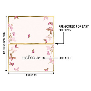 Place Cards for Pink Butterfly Party, Editable Name Place Cards, Seating Place Cards for Tables, Tent Style Cards for Wedding, Bride & Baby Shower, Easy Folding, Pack of 25 Escort Cards(B06)