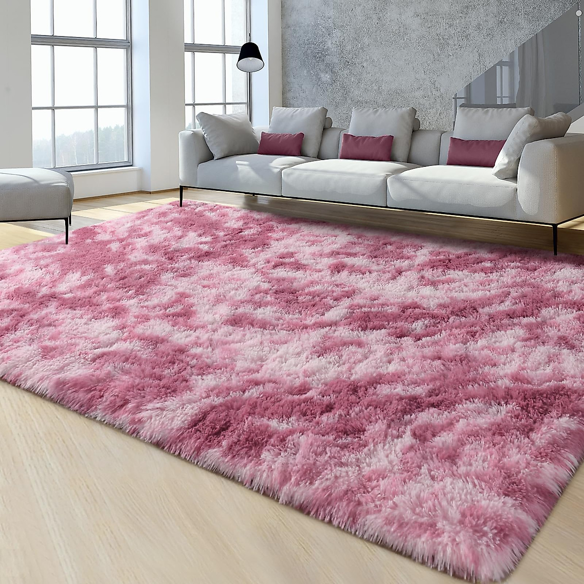 FlyDOIT Large Area Rugs for Living Room, 5x8 Feet Tie-Dyed Blush Shaggy Rug Fluffy Throw Carpets, Ultra Soft Plush Modern Indoor Fuzzy Rugs for Bedroom Girls Kids Nursery Room Dorm Home Decor