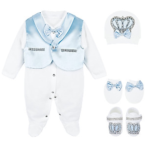 Lilax Baby Boy Jewels Crown Tuxedo Outfit Layette 5 Piece Gift Set 0-3 Months Blue