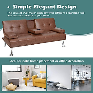 Giantex Convertible Futon Sofa Bed, Faux Leather Sectional Couch Sleeper, Removable Armrests 2 Cup Holders Backrest Adjustable, Upholstered Small Guest Bed for Apartment Living Room Brown