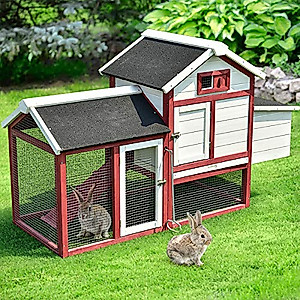 Tangkula 60" Large Rabbit Hutch Wooden White Rabbit Bunny Outdoor Animal Cage Rabbit Hutch House with Black Linoleum Roof