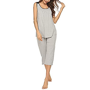 Ekouaer Women's Sleepwear Bamboo Jersey Sleeveless Top and Capri Pleated Loungewear O Neck Pajama Set Grey L