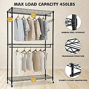 DEVO 3 Tiers Garment Racks with Storage Shelves, Heavy Duty Rolling Clothing Rack Closet Organizer, Portable Clothes Rack for hanging clothes W/Hanger Bar & Wheels & 1 Pair Side Hooks, Max Load 450LBS