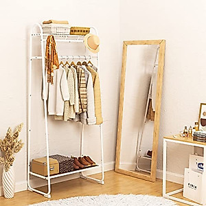 Tajsoon Clothes Rack, Freestanding Clothing Rack with Coat Hook, Metal Garment Rack with 2 Storage Display Shelf, Rustic Brown Wood, White