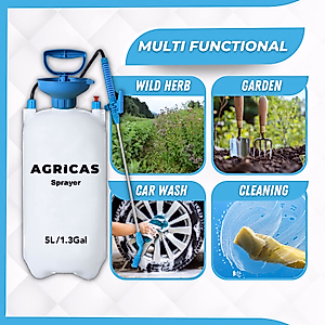 AGRICAS 1.3 Gallon Lawn & Garden Sprayer with Pump and Wand, 5L Pressure Weed Sprayer with Adjustable Nozzles and Shoulder Strap, Yard Pump Sprayer, Large Easy Fill Opening and Safety Valve