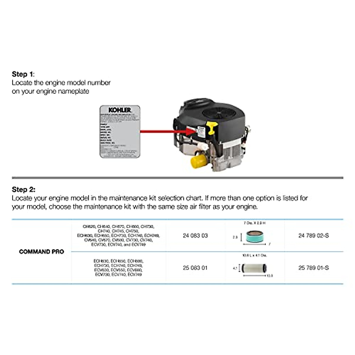 Kohler Genuine Maintenance Kit 24 789 02-S for Command PRO Twin Series CV18-CV25 CV675-CV740 CH18-CH25 CH730-CH750 18-27HP