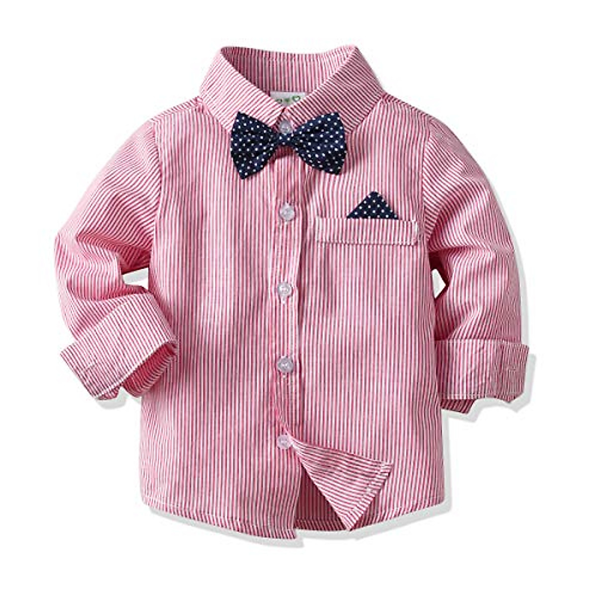 Baby Boys Gentleman Pants Clothing Set Long Sleeves Stripe Shirt+Suspender Pants+Bow Tie Toddler 4Pcs Set (Pink, 4-5T/110)