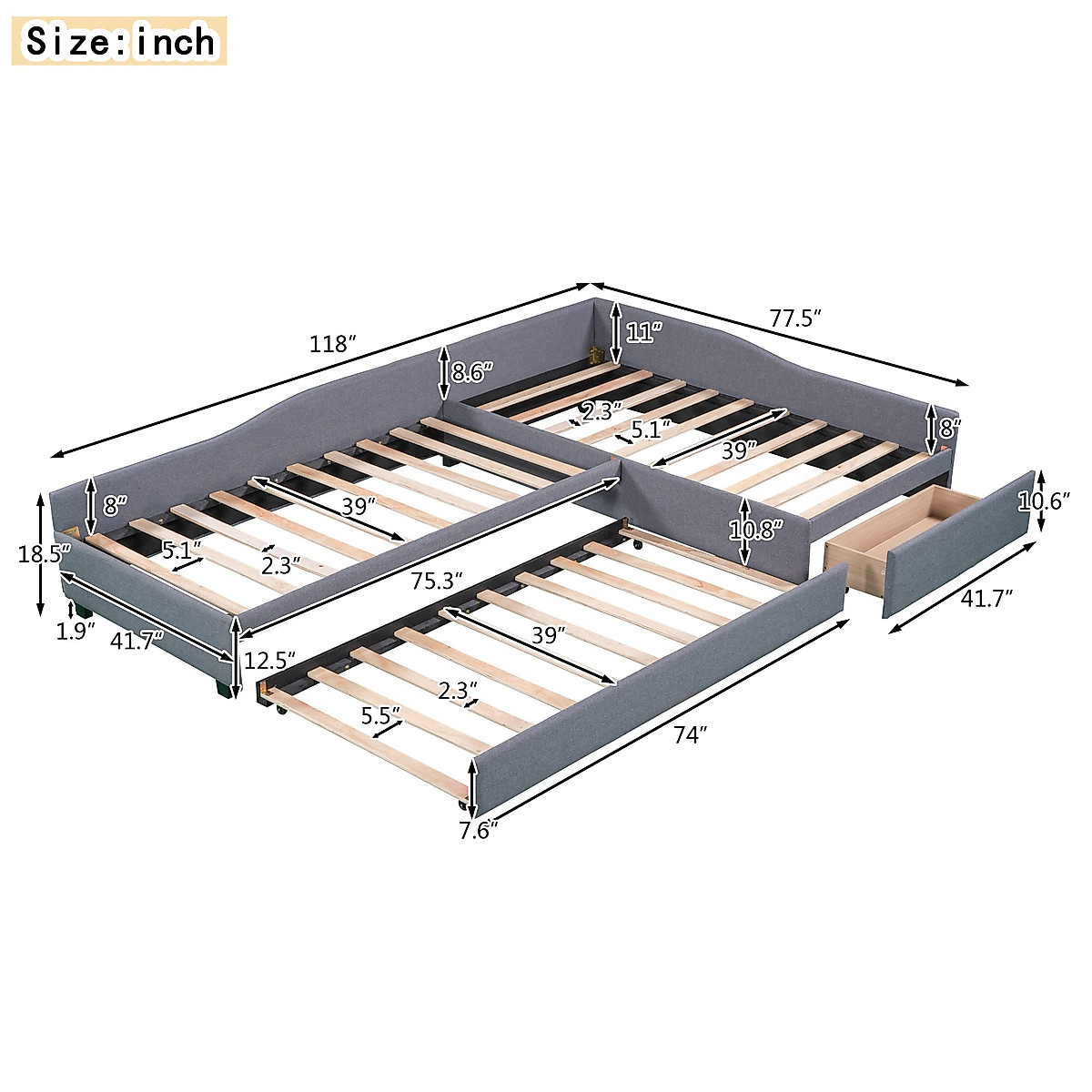 L-Shape Platform Bed Twin Size Upholstered Daybed with Trundle and Storage Drawer Linen Corner Day Bed Frame for 3 Kids Boys Girls Teens, Gray