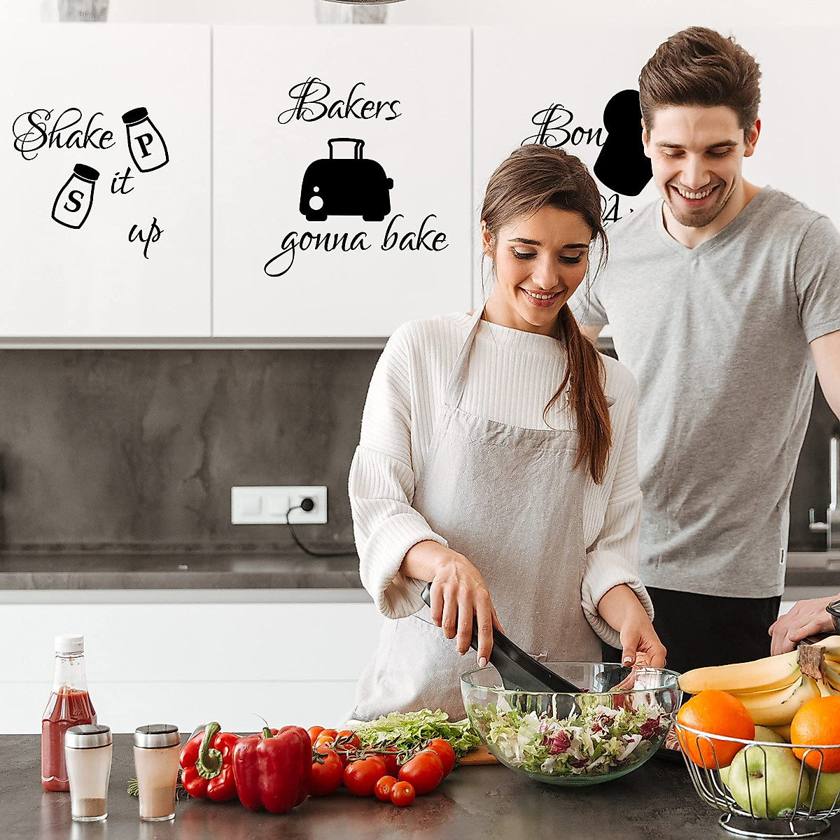 Seajan Kitchen Wall Stickers Kitchen Quotes Wall Decals with Funny Lettering Vinyl Fun Utensils Sticker Peel and Stick Wall Arts for Fridge Restaurant Bar Home Decoration (Black,Medium)