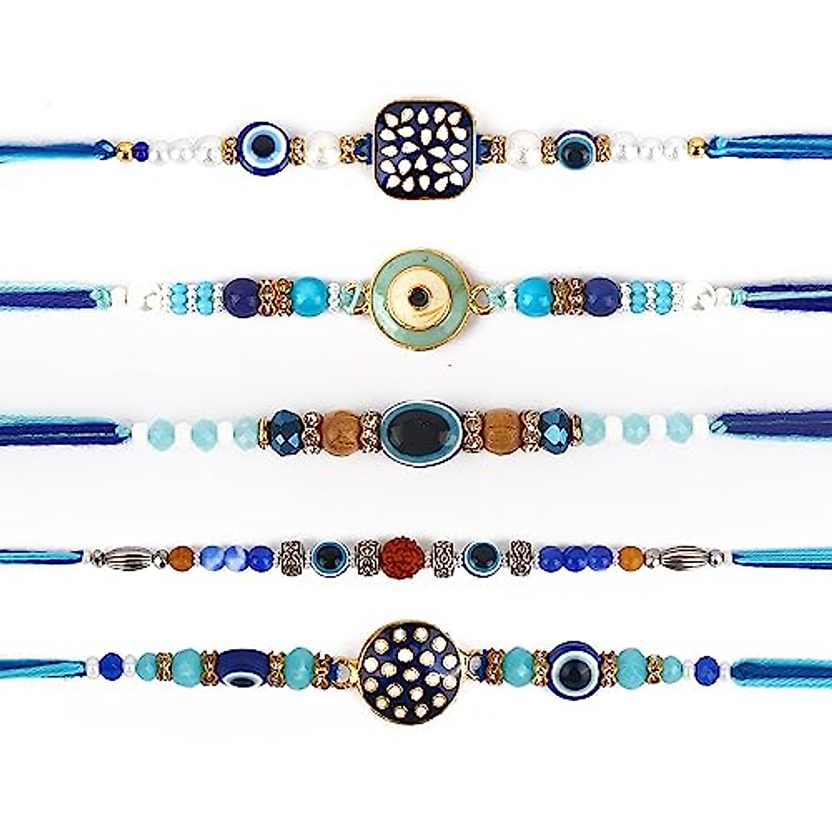 SATVIK 5 Pc Evil Eye Rakhi for Brother Bhaiya Bhabhi Traditional Handmade Assorted Designer Rakhi Set Roli Chawal, Greeting Card & Soun Stickers Rakhi Thread Rakhdi Bracelets Rakshabandhan