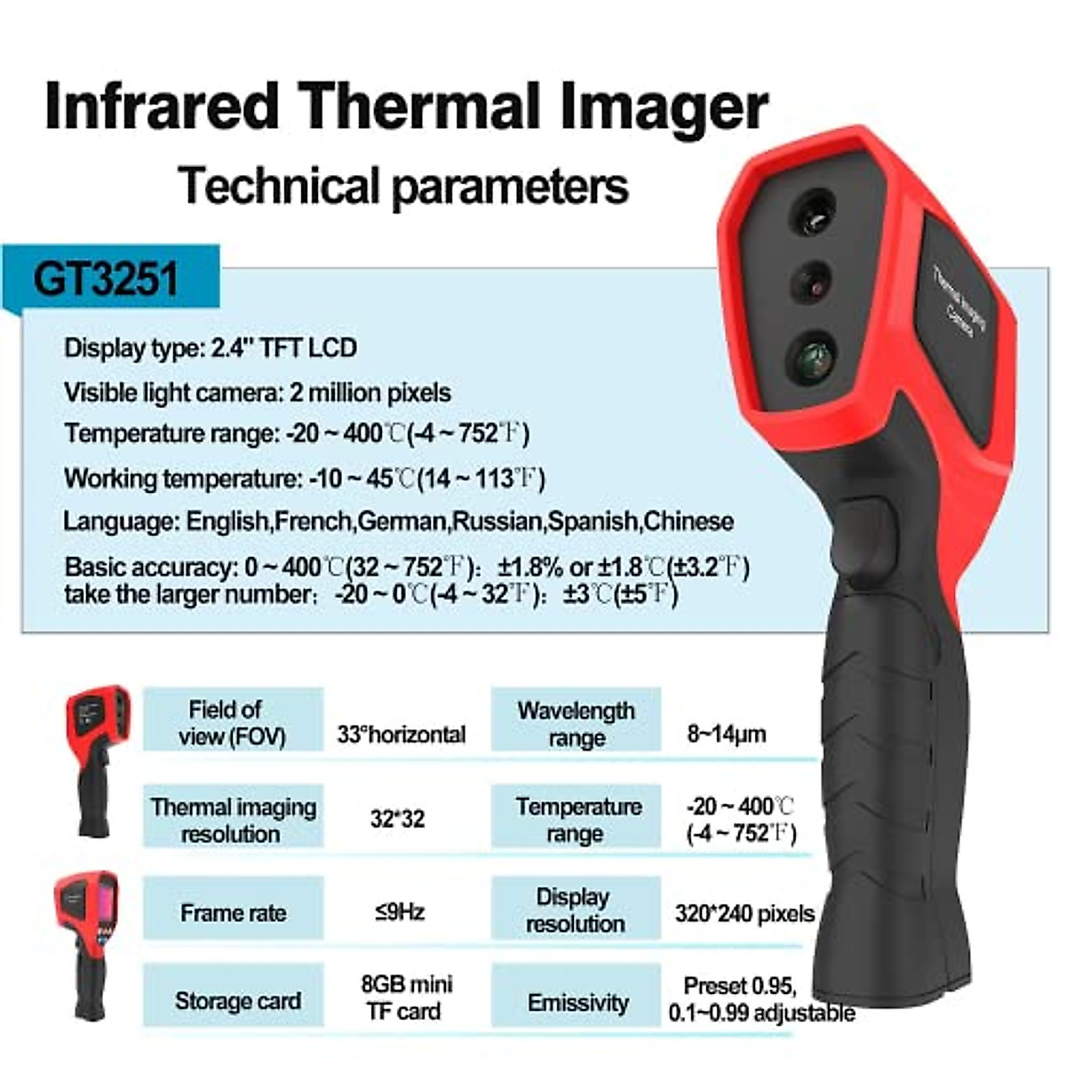 Infrared Thermal Imager, Thermographic Camera 320 x 240 Resolution Handheld Thermal Imaging Camera with 2.4 Inch Infrared Thermometer with Thermal Imagers Measuring Layout Tools (8GB TF Card)