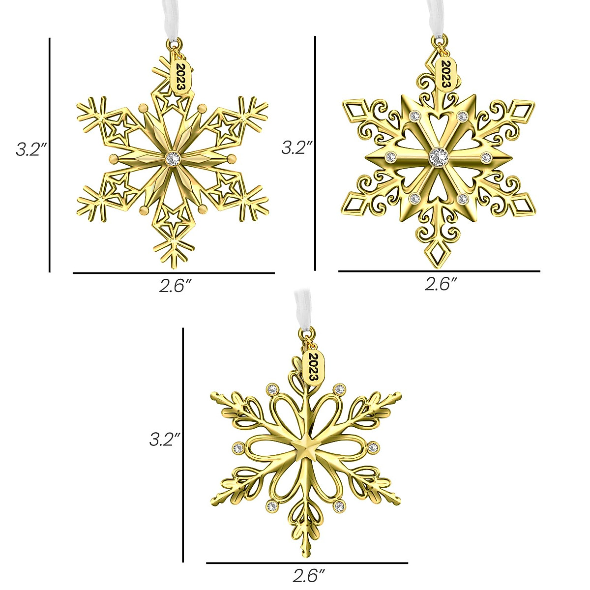 West style 2023 Golden Christmas Tree Ornaments Set 3 Pieces –Metallic Snowflake Hanging Home Deco Hanging Pendant Holiday Keepsake Gift (3 Pcs Set, Golden)