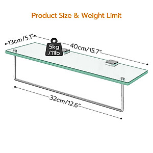 HOOBRO Glass Shelf for Bathroom, 15.7 Inch Glass Bathroom Shelf Wall Mounted, Tempered Glass Shelf with Stainless Steel Rod, Floating Shelves for Bathroom, Toilet, Room Decor, Silver SV03BJ01