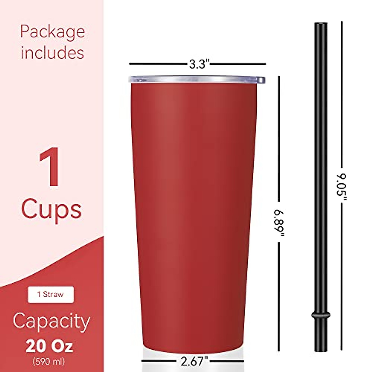 DOMICARE 20 oz Tumbler with Lid and Straw, Stainless Steel Tumblers Bulk Vacuum Insulated Tumbler Travel Coffee Mug Pack of 1, Red