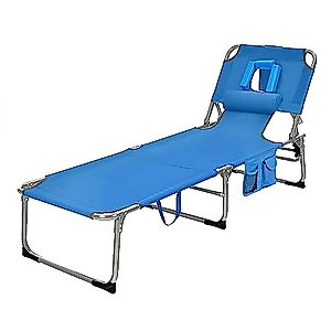BANGTANE Tanning Chair, Lounge Chair for Outside, Portable Folding Beach Lounger w/ 5 Backrest Positions, Face Hole & Removable Pillow, 331LBS, Ideal for Poolside, Beach, Garden (Blue)