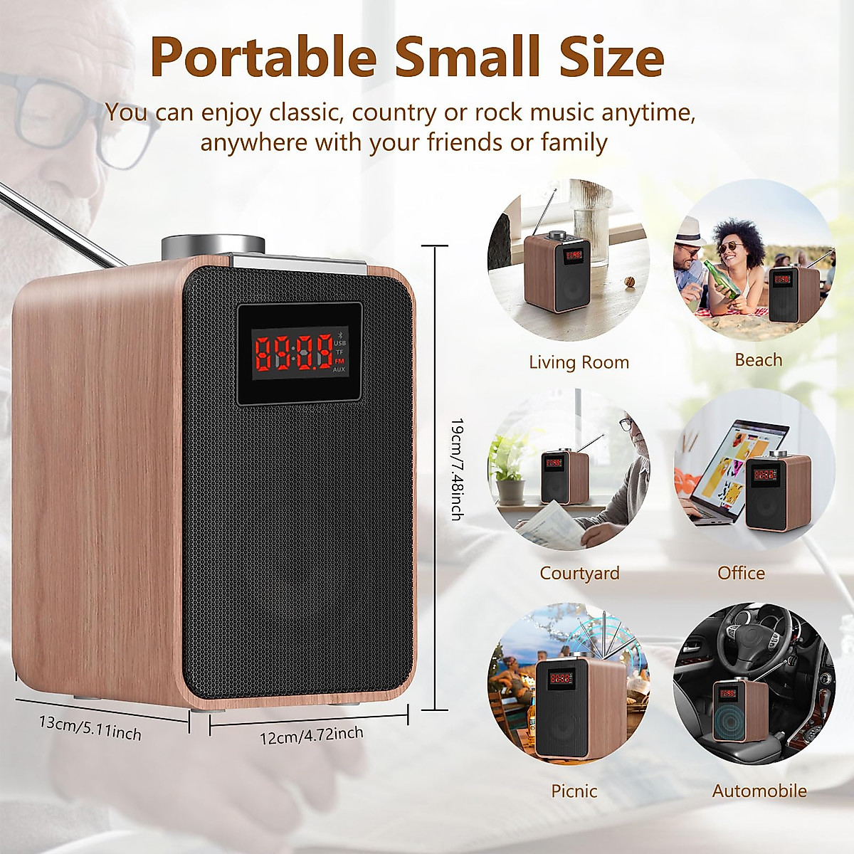 Bluetooth Fm Radio, Retro Radio Plug in Wall Vintage Wooden Bluetooth Speaker Portable Shortwave Radio with LED Display, 2000mAH Rechargeable with Rotary Knob for Outdoor Indoor Office