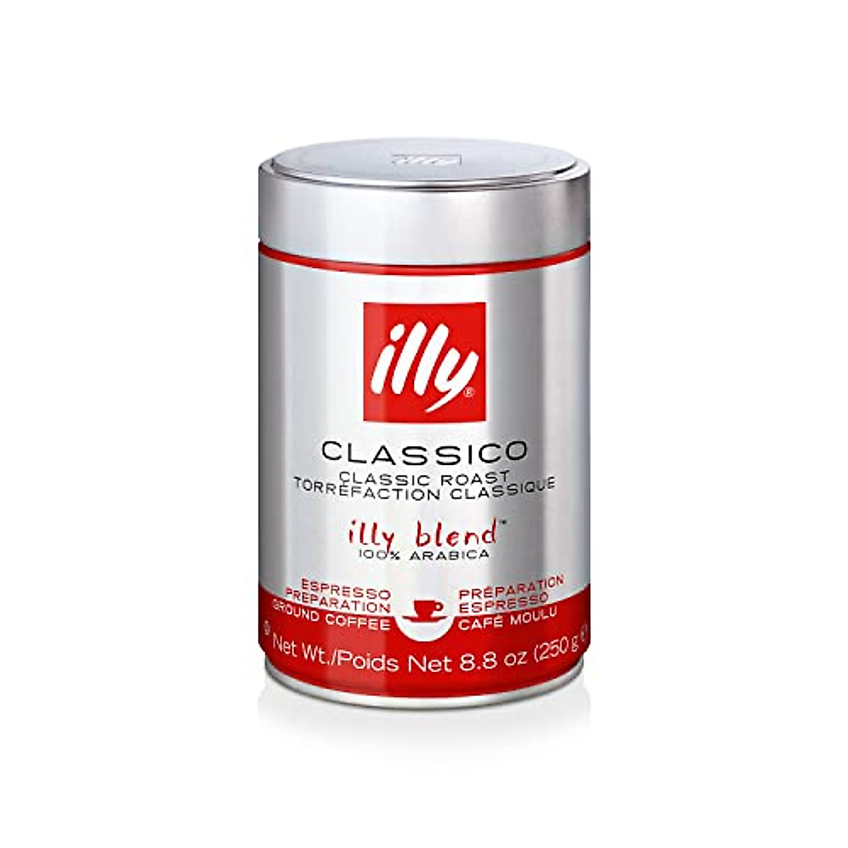 illy Classico Ground Espresso Coffee, Medium Roast, Classic Roast with Notes Of Caramel, Orange Blossom and Jasmine, 100% Arabica Coffee, All-Natural, No Preservatives, 8.8 Ounce Can (Pack of 6)