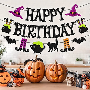 Halloween Birthday Banner Halloween Witch Party Banner Halloween Ghost Bat Cat Theme Party Garland Kids Girl Women Happy Birthday Decorations
