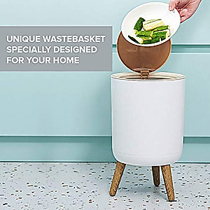 Nordic Style Trash Can (1-Pack) - Push Top Trash Can with Lid - 14.3" x 8.7" White Top Spring Waste Basket - Scandinavian Modern Garbage Can - Round Trash Bin w/ Legs - Kitchen/Bathroom Trash Can I 1.8 Gallon - 7L