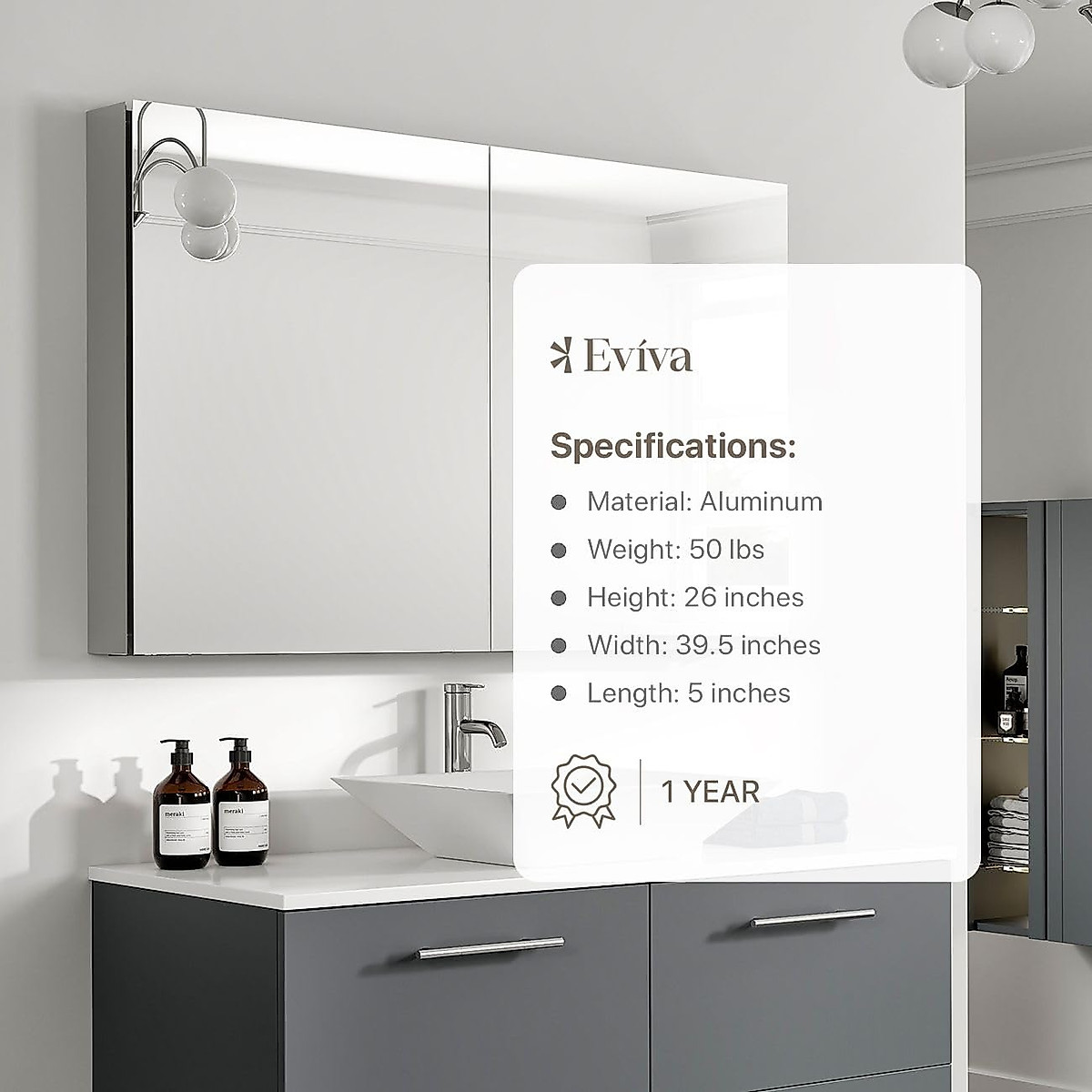 Eviva Elegant Lazy 40-Inch Mirror Medicine Cabinet in Classic White - Illumination-Free Storage Solution
